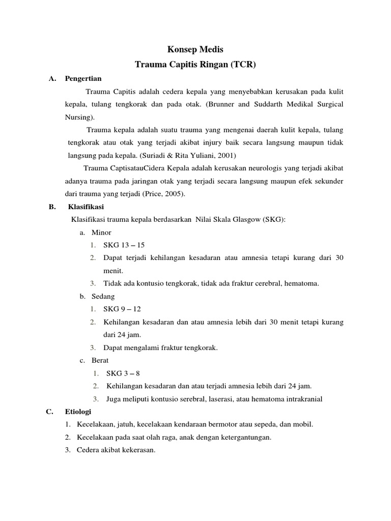 Konsep Medis Trauma Capitis Ringan (TCR) : A. Pengertian | PDF