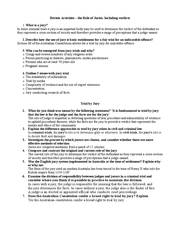 Review Activities - The Role of Juries | PDF | Jury Trial ...
