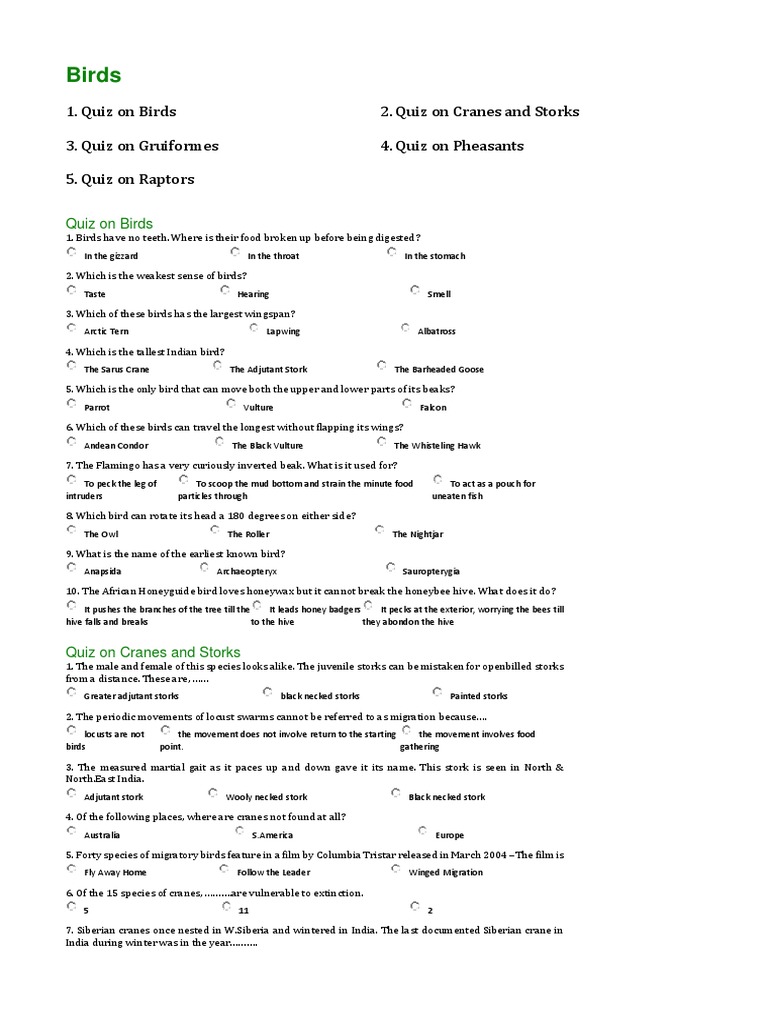 Birds: 1. Quiz On Birds 2. Quiz On Cranes and Storks 3. Quiz On ...