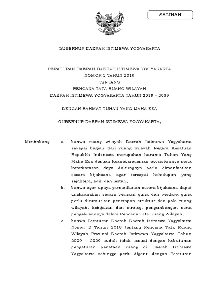 Perda DIY No.5 Tahun 2019 TTG Rencana Tata Ruang Wilayah Daerah ...