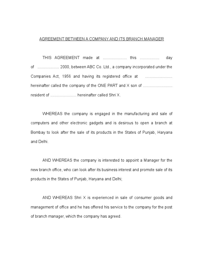 Agreement Between A Company and Its Branch Manager | Download Free PDF ...
