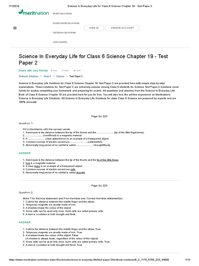 Science in Everyday Life For Class 6 Science Chapter 19 - Test Paper 2 ...
