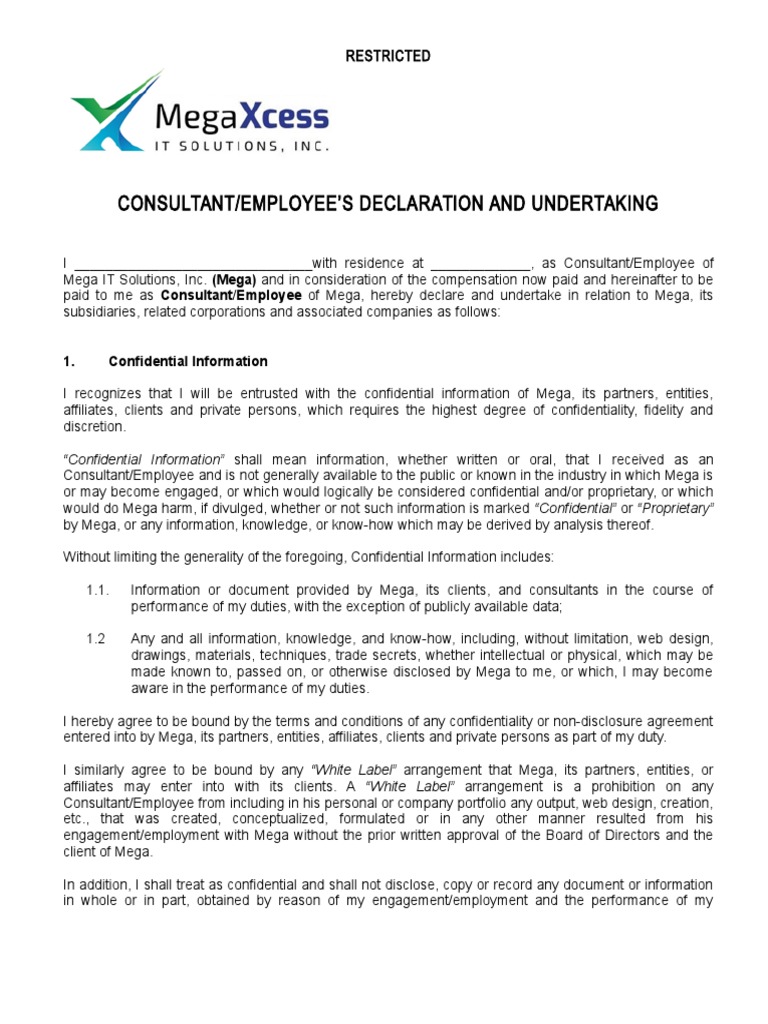 Consultant/Employee’S Declaration And Undertaking: Restricted | Non ...