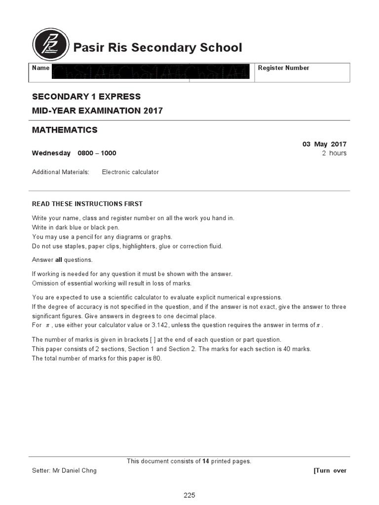 Sec 1 Math SA1 2017 Pasir Ris PDF | PDF | Tax Rate | Numbers
