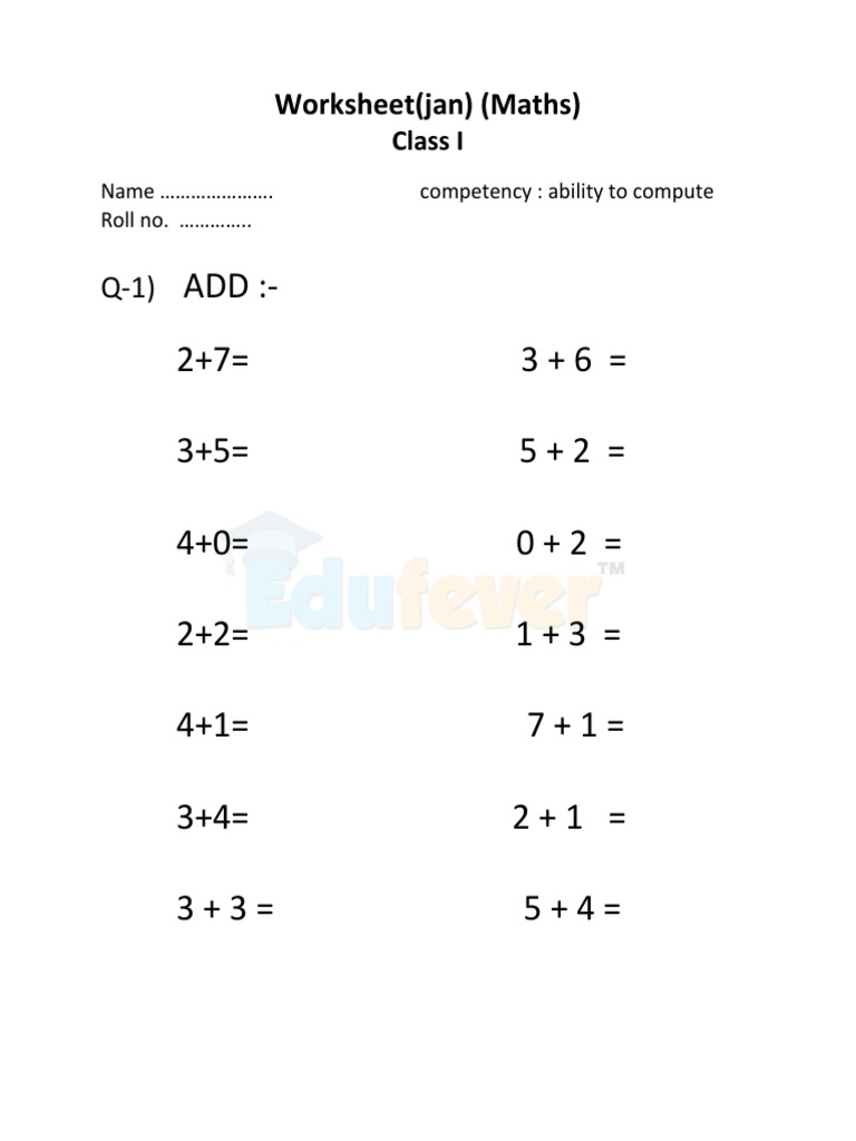 Worksheet (Jan) (Maths) : Class I | PDF