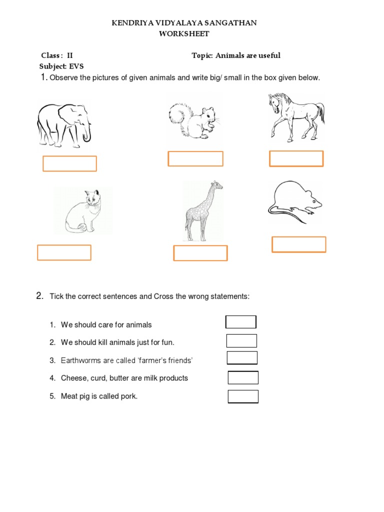 Kendriya Vidyalaya Sangathan Worksheet Class: II Topic: Animals Are ...