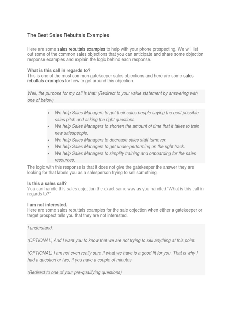 The Best Sales Rebuttals Examples | PDF | Sales | Question