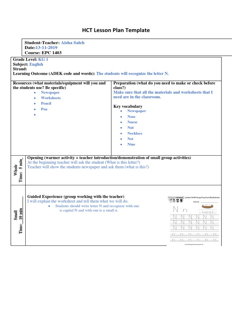 Letter N Lesson Plan for KG 1 | PDF | Lesson Plan | Teachers