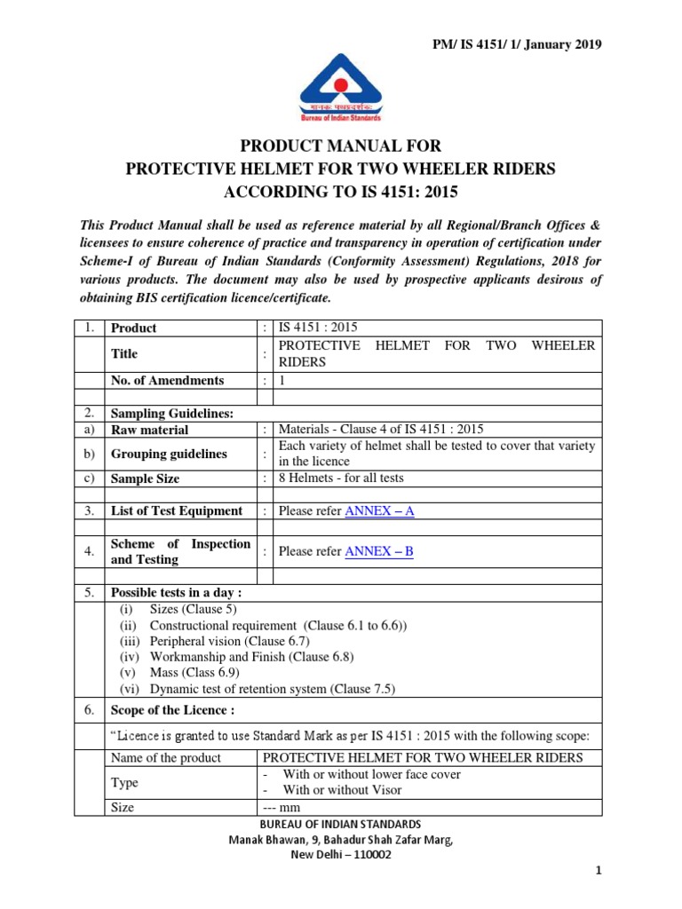 IS 4151:2015 Helmet Certification Guide | PDF | Friction | Wear