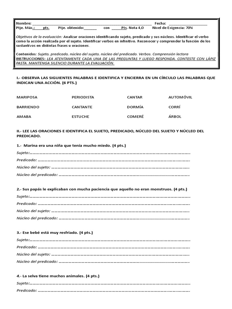 Evaluación de Sujeto y Predicado en Primaria | PDF | Predicado ...