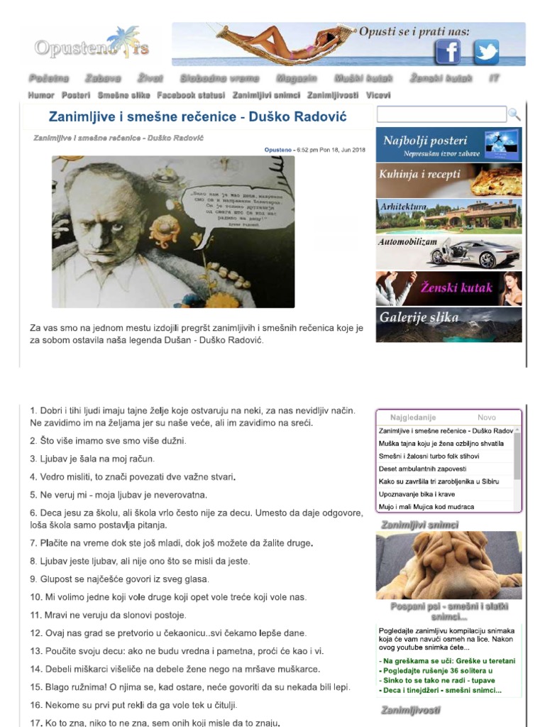 Zanimljive I Smesne Recenice Dusko Radovic | PDF