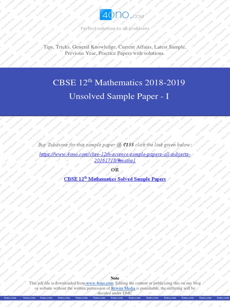 CBSE 12th Mathematics Unsolved Paper | PDF | Probability Distribution | Area
