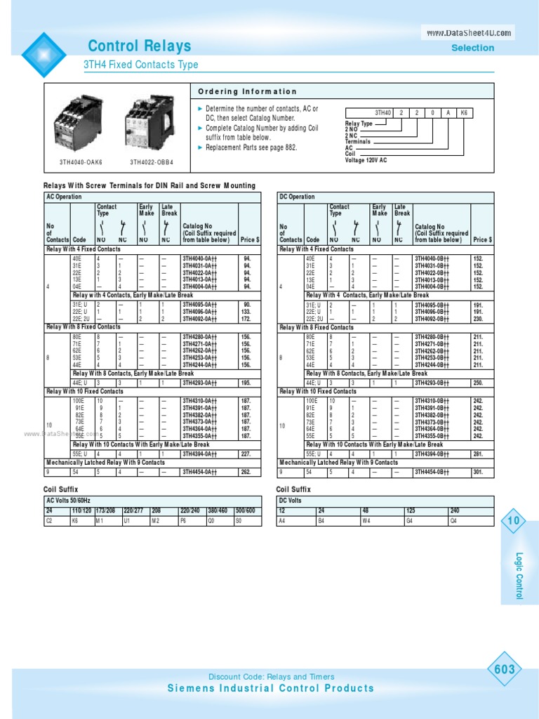 Control Relays: 3TH4 Fixed Contacts Type | PDF | Relay | Electricity