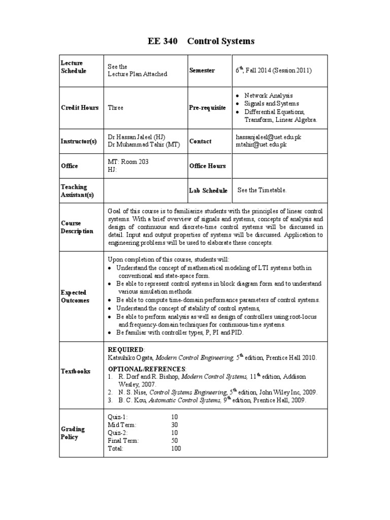 EE 340 Control Systems: Schedule Semester | PDF | Control Theory ...