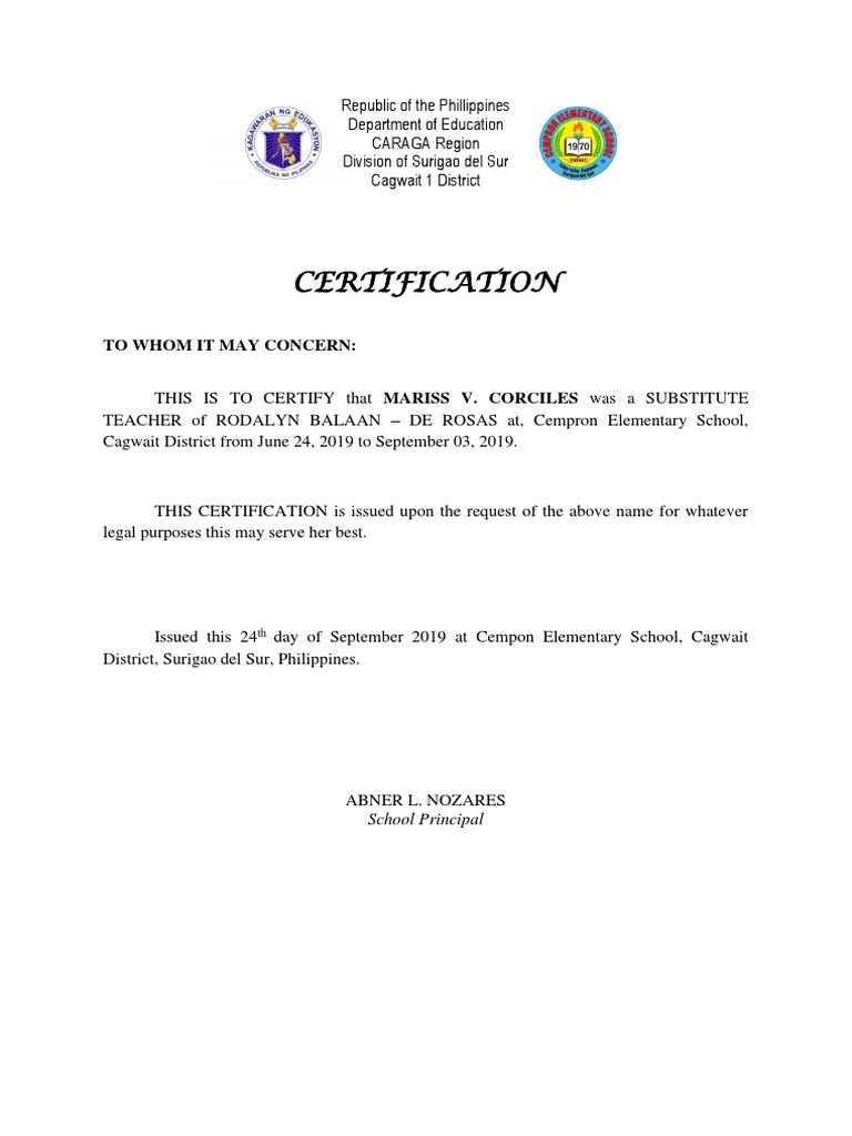 Certification of Substitute Teacher | PDF