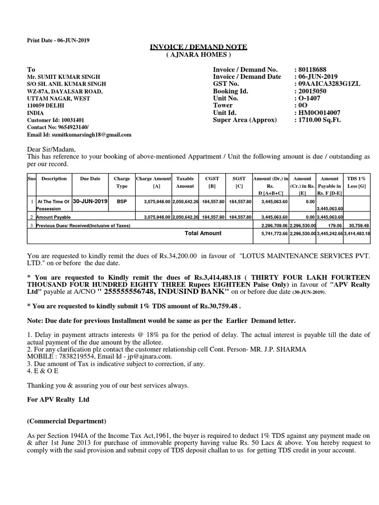 Invoice / Demand Note: " 255555556748, INDUSIND BANK" | PDF | Income ...