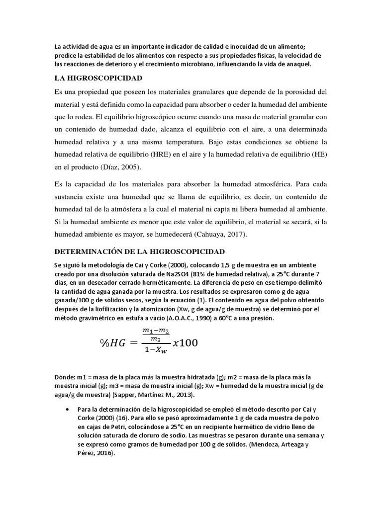 Propiedades de Higroscopicidad en Alimentos | PDF | Humedad | Humedad ...