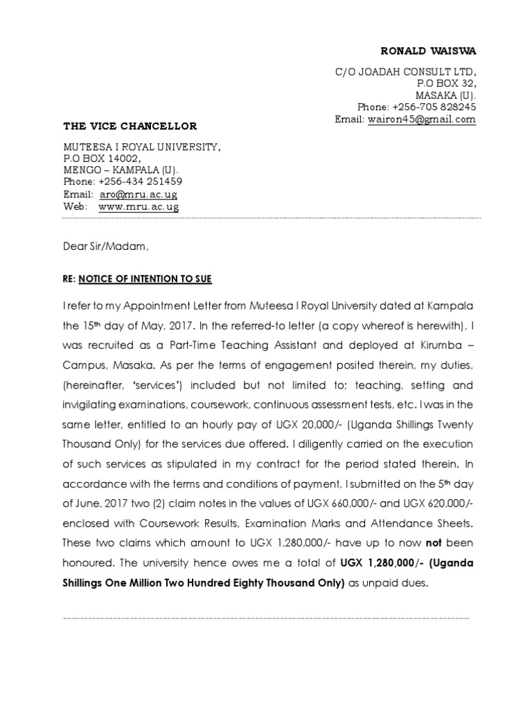 Notice of Intention To Sue | PDF | Shilling | Lawsuit