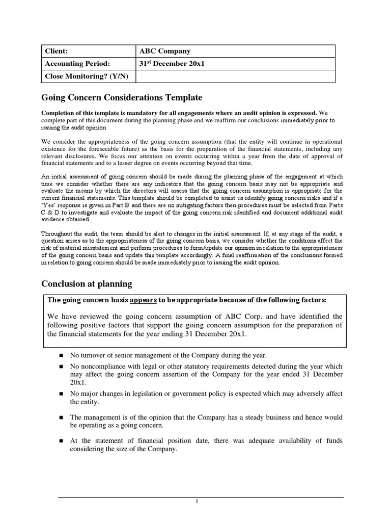 Going Concern Assessment Template | PDF | Going Concern | Financial Audit