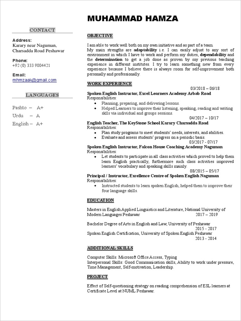 Hamza's Resume July | PDF | English Language | Learning