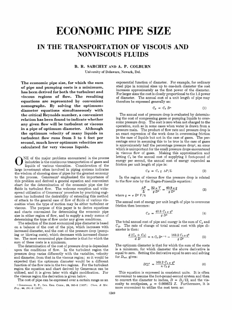 Economic Pipe Size | PDF | Fluid Dynamics | Reynolds Number