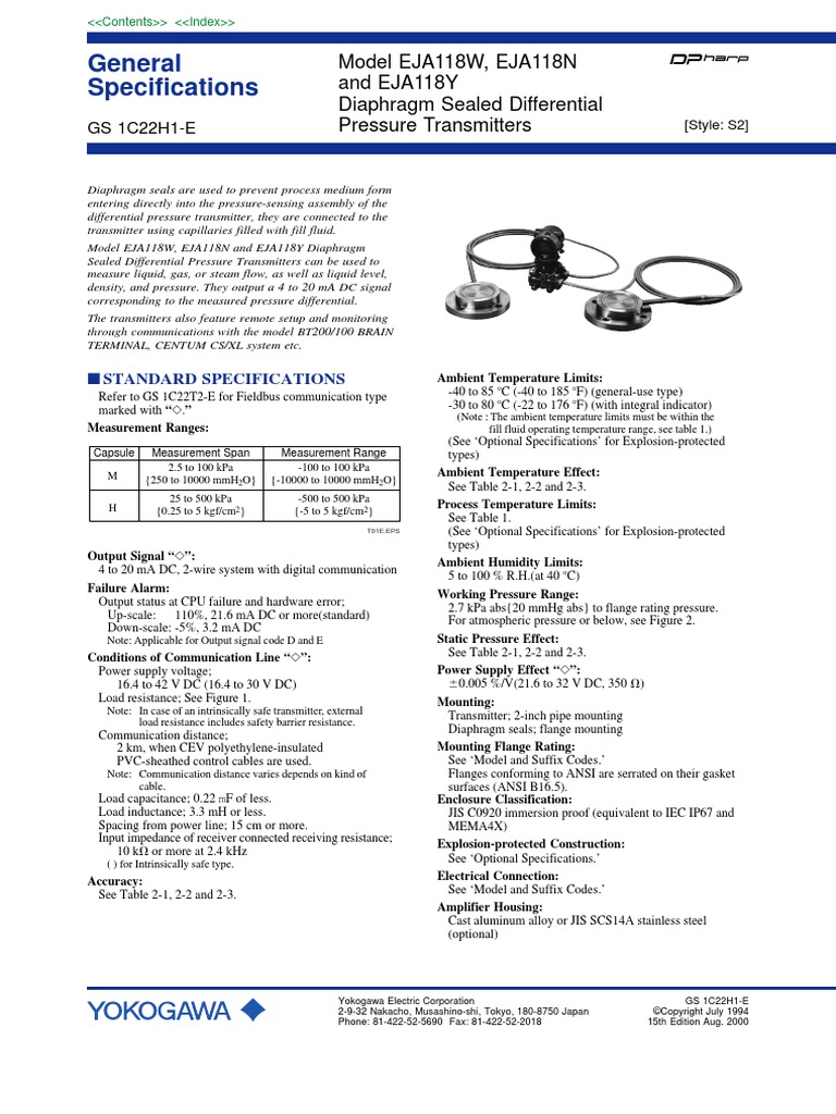 General Specifications: Model EJA118W, EJA118N and EJA118Y Diaphragm ...