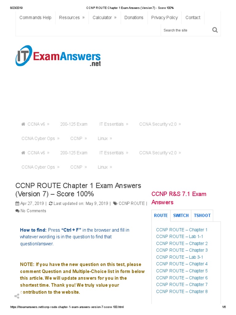 CCNP ROUTE Chapter 1 Exam Answers Version 7 Score 100 | PDF | Virtual Private Network | I Pv6