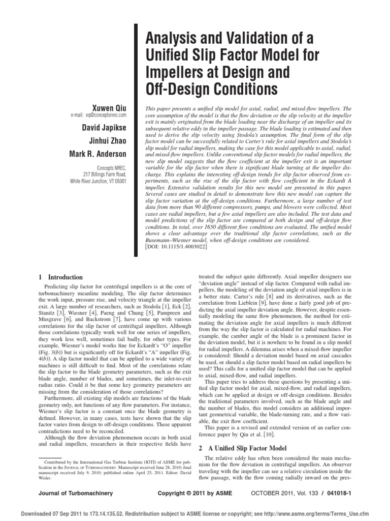 Analysis and Validation of A Unified Slip Factor Model For Impellers at ...