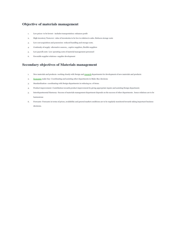 Objective of Materials Management | PDF