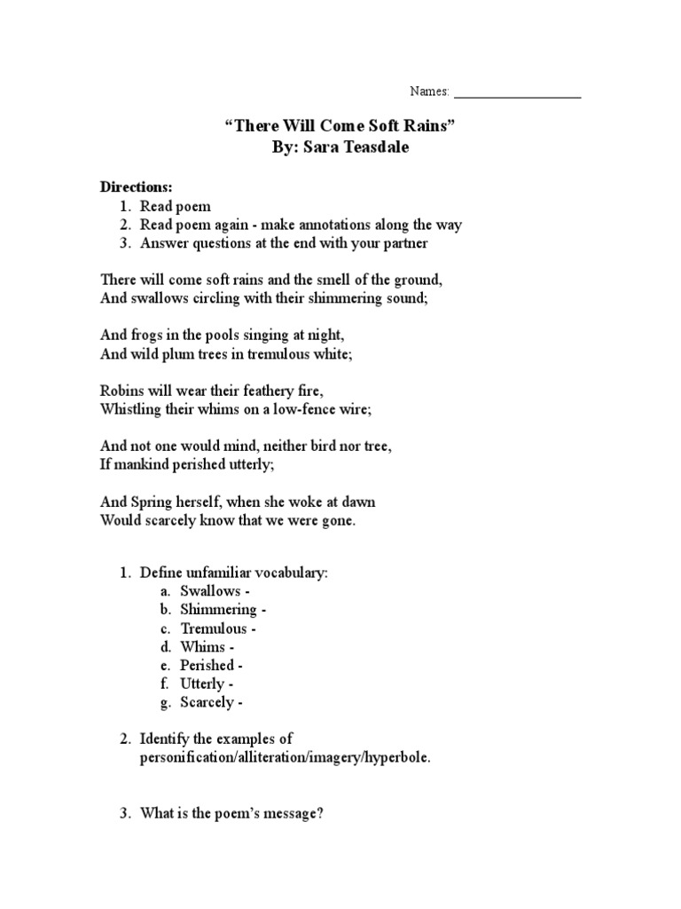 "There Will Come Soft Rains" By: Sara Teasdale: Directions | PDF | Poetry