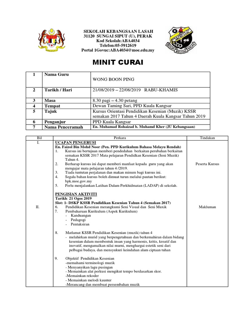 Minit Curai (KSSR Semakan 2017) Pendidikan Kesenian Muzik Tahun 4 2019 | PDF