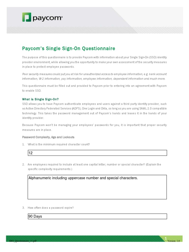 SSO Questionnaire | PDF | Password | Security