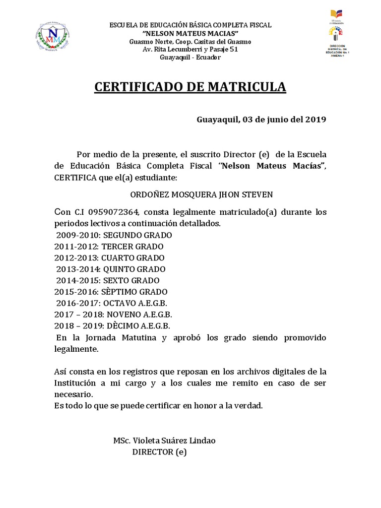 Certificado Matricula | PDF