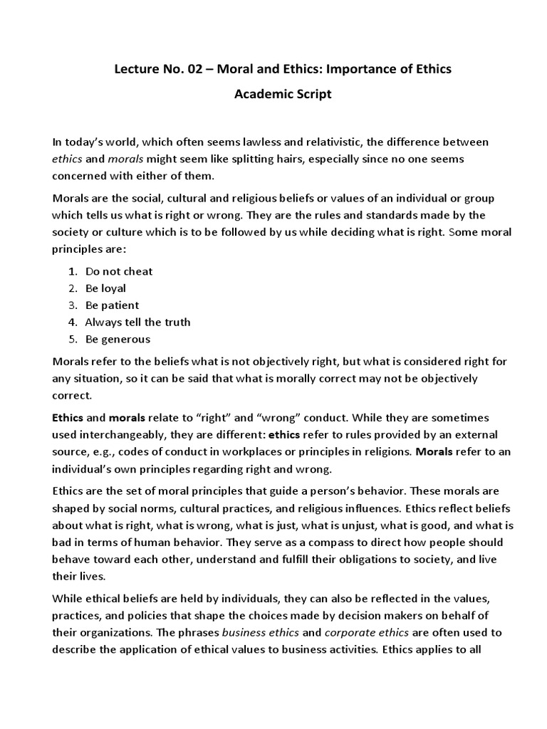 Lecture No. 02 - Moral and Ethics: Importance of Ethics Academic Script ...