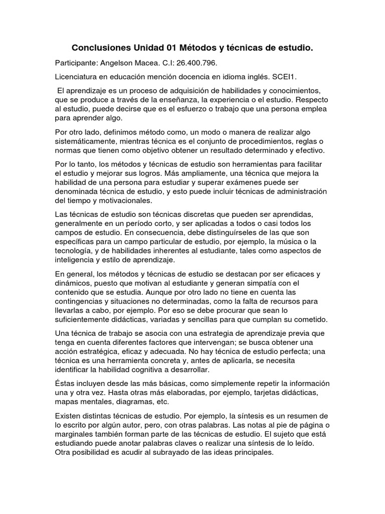 Conclusiones Unidad 01 Métodos y Técnicas de Estudio. | PDF ...