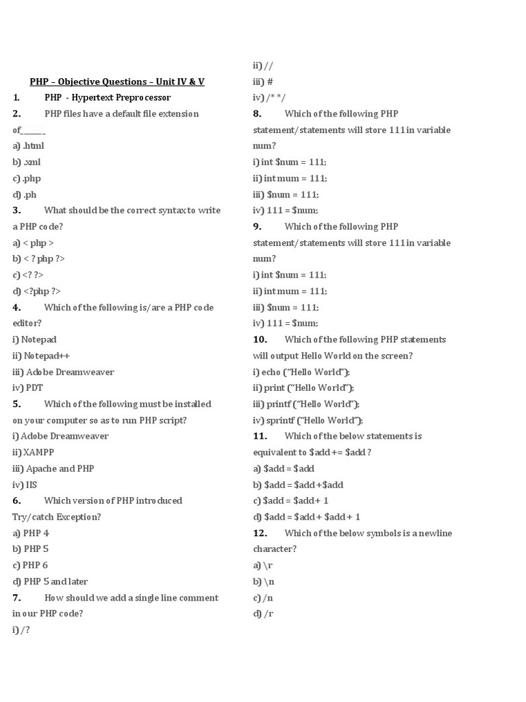 Php Hypertext Preprocessor Php Objective Questions Unit Iv And V Pdf Php Class