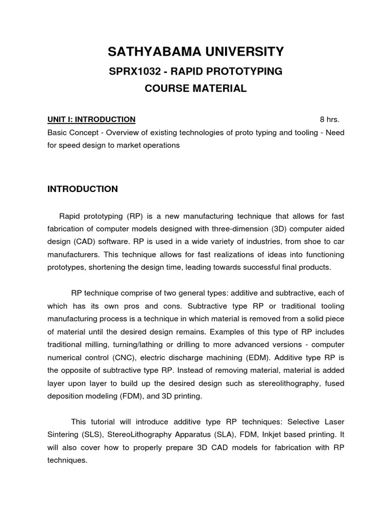 Sathyabama University: Sprx1032 - Rapid Prototyping Course Material ...