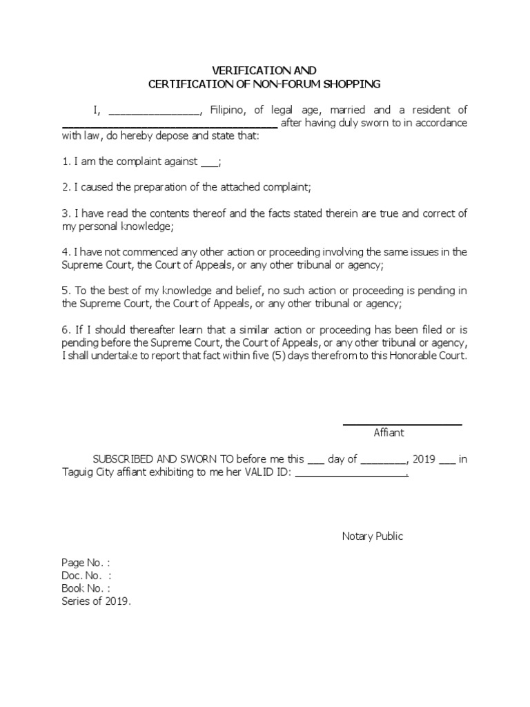 Non-Forum Shopping Certification Form | PDF