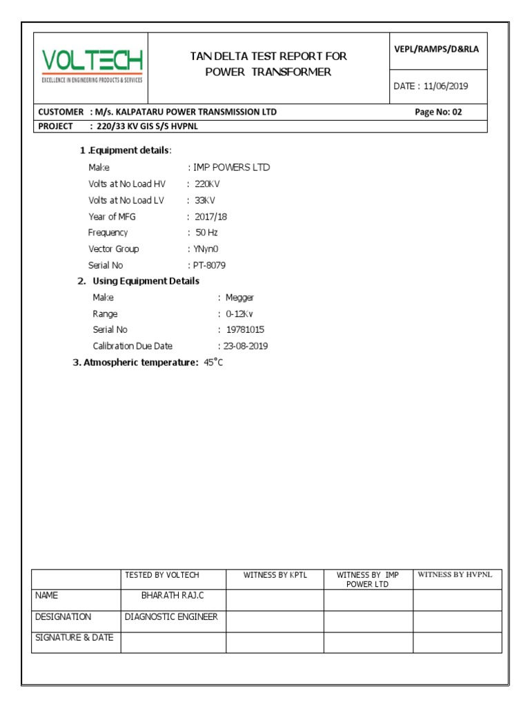 Tan Delta Test Report For Power Transformer: Vepl/Ramps/D&Rla | PDF ...
