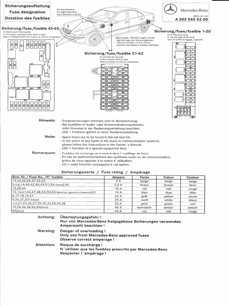 Mercedes-Benz C Klass (W203) Fuse Diagram - 2001 | PDF