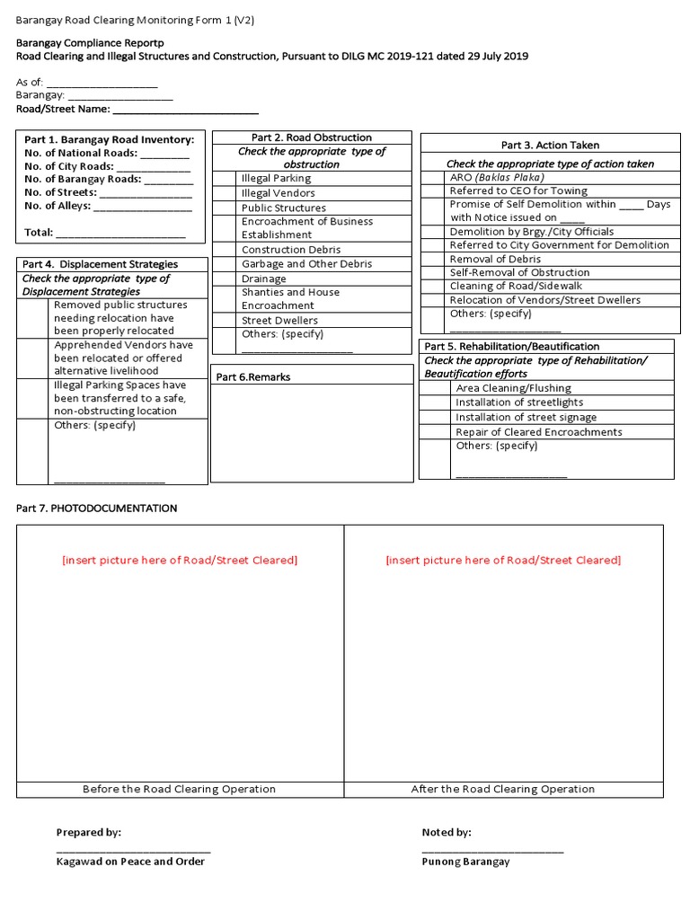 Barangay Road Clearing Monitoring Form 1 Version 2 | PDF