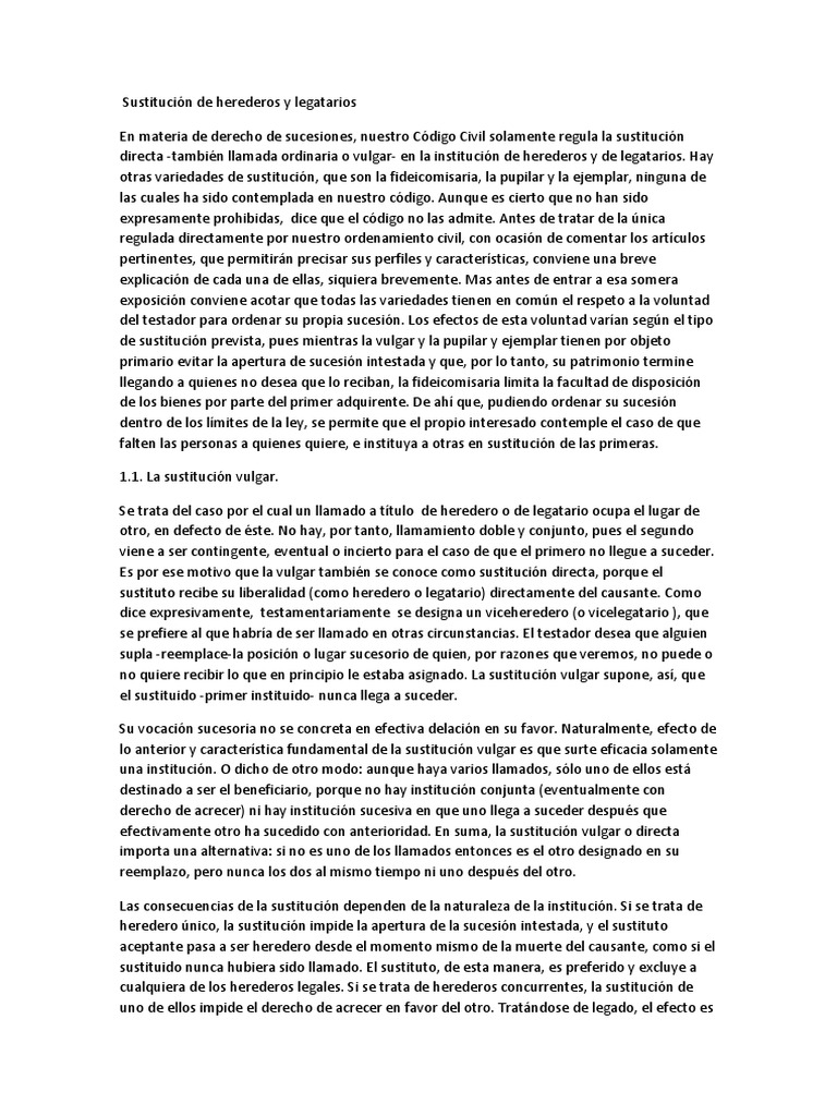 Sustitución de Herederos y Legatarios | PDF | Herencia | Legado Sustitución de Herederos y Legatarios | PDF | Herencia | Legado
