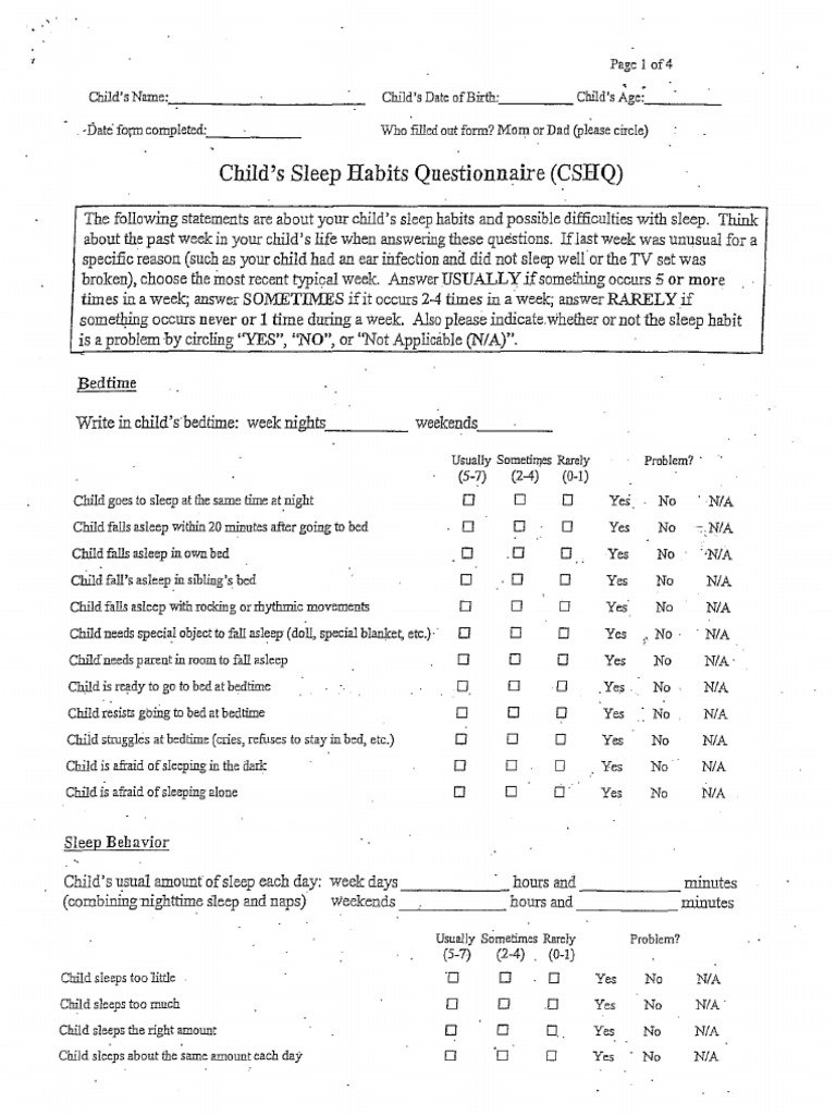 Sleep: Child's Habits Questionnaire (CSHQ) | PDF | Psychological States ...