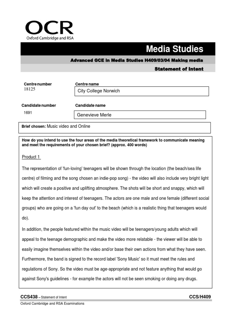 OCR Statement of Intent WORD | PDF | Video | Target Audience