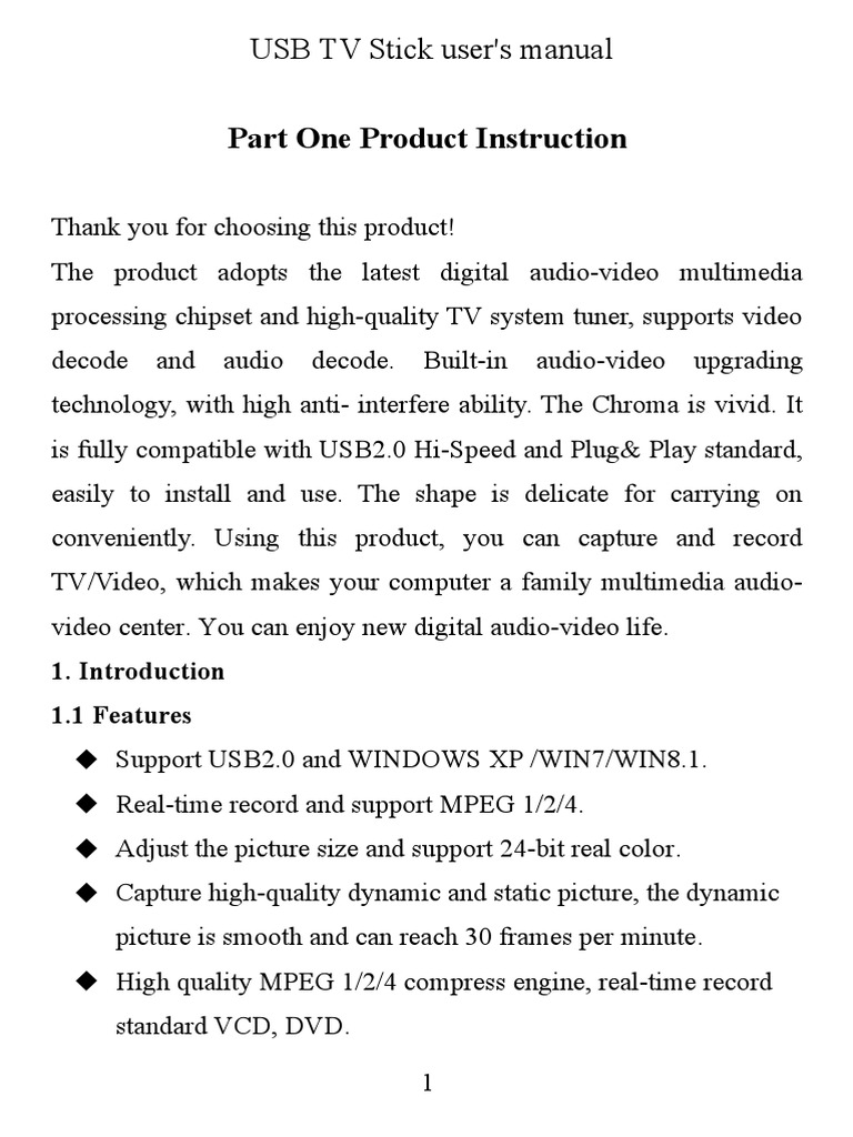 Part One Product Instruction: 1.1 Features | PDF | Usb | Video