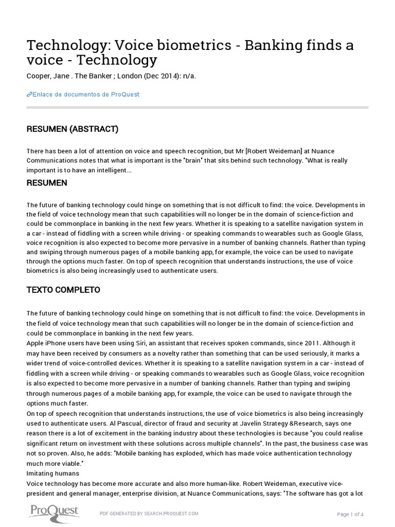 Technology: Voice Biometrics - Banking Finds A Voice - Technology | PDF | Speech Recognition ...