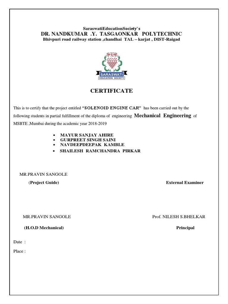 Certificate: Dr. Nandkumar .Y. Tasgaonkar Polytechnic | PDF