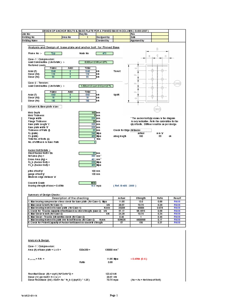 Analysis and Design of Base Plate and Anchor Bolt For Pinned Base | PDF ...