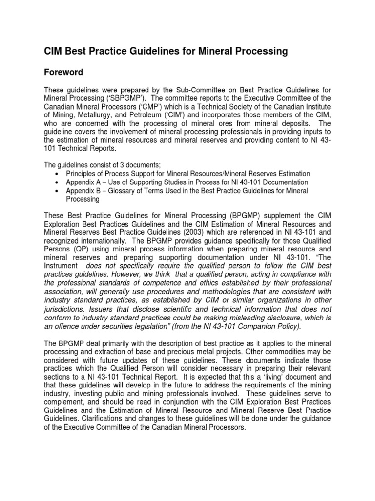 Cim Best Practice Guidelines For Mineral Processing | PDF | Feasibility ...
