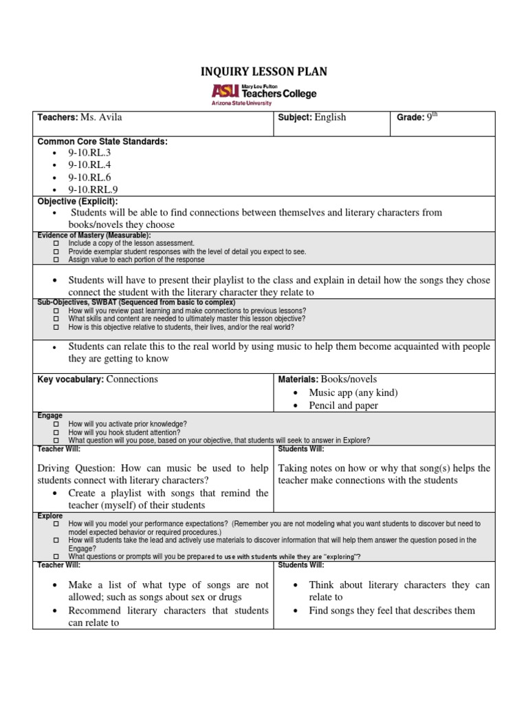 Inquiry Lesson Plan: Teachers: Subject: Grade: Common Core State ...